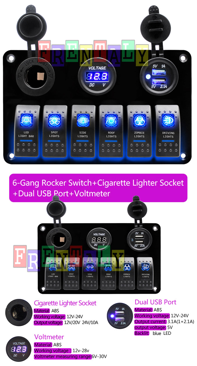 Car Marine Boat 6-Gang Waterproof Circuit Blue LED Rocker Switch Panel ...